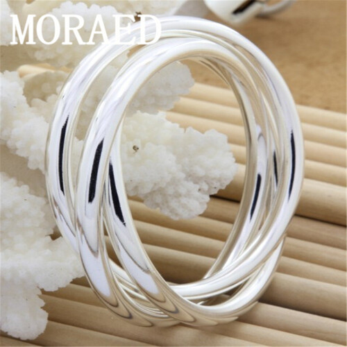 925 Sterling Silver Bracelet Bangles Women Three Lines Smooth High ...