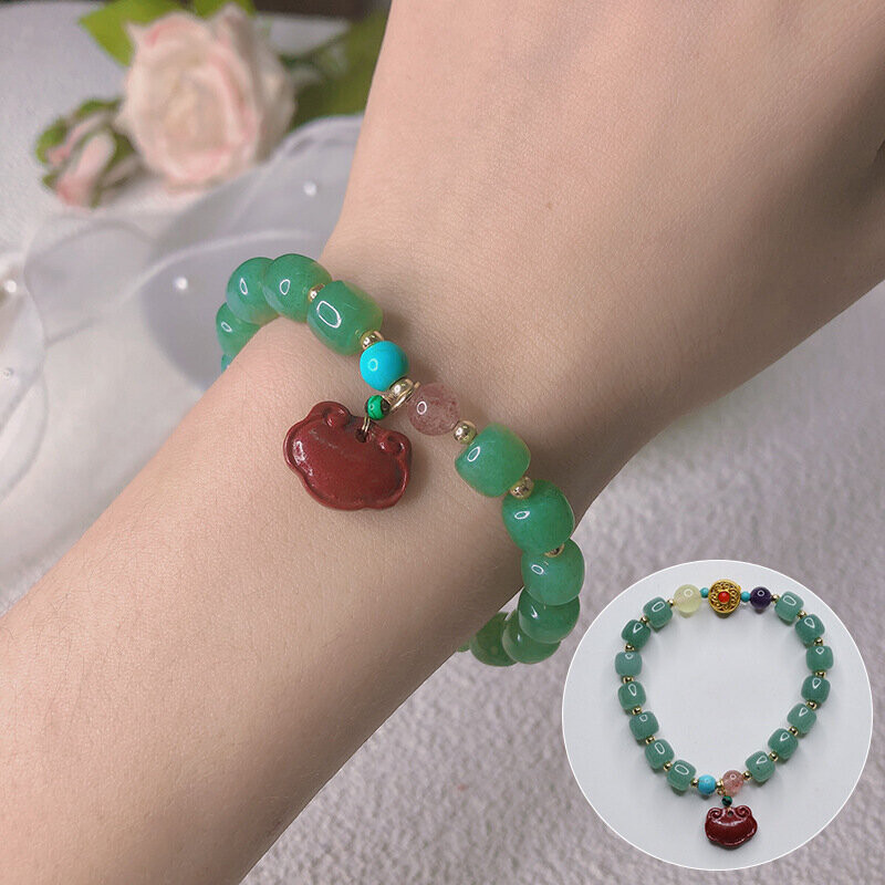 Vintage Cinnabar Lock&Jade Gourd Pendant Pink Crystal Natural Green ...