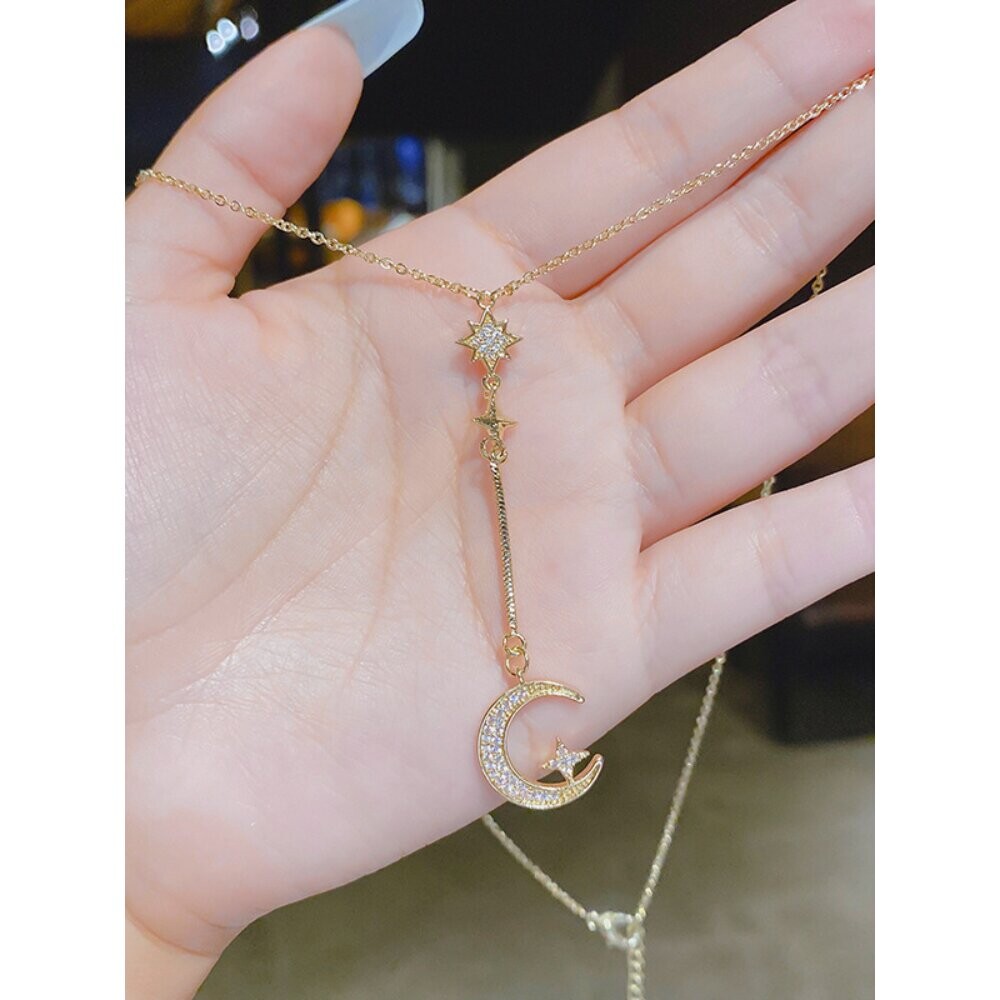 The star and moon micro-inlaid necklace feminine temperament real ...