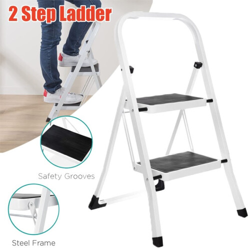 2 Step Ladder Heavy Duty Steel Portable Foldable Step Stool Non-Slip on ...