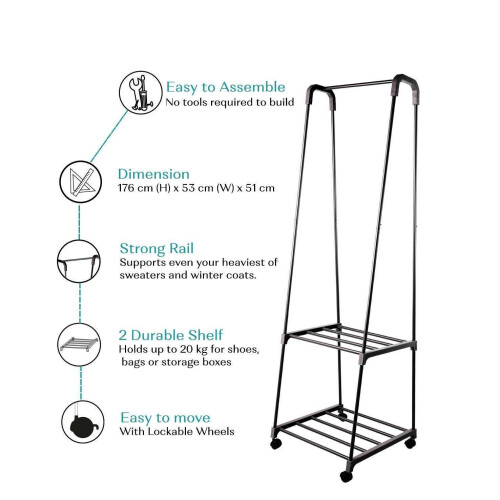 2 Tier Garment Rack Heavy Duty Clothes Rail With Storage Shelves On ...