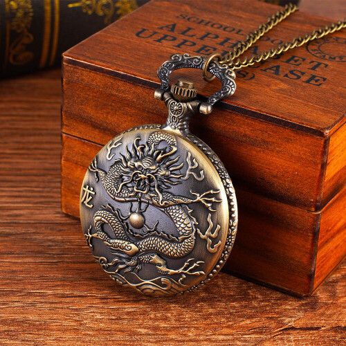 Retro large bronze fine chain relief dragon retro Pocket watch Chinese ...
