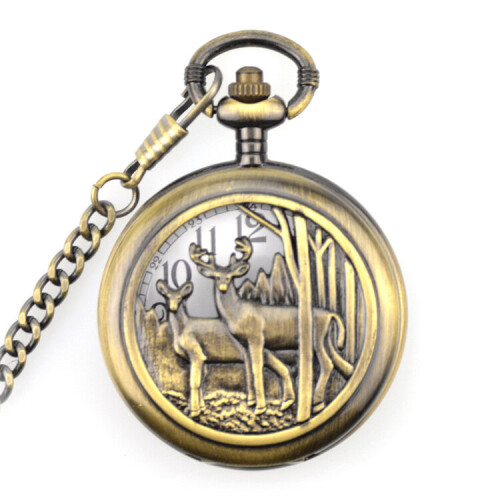 Hot Bronze Quartz Pocket Watch Deer Pattern Mens Pocket Watches ...