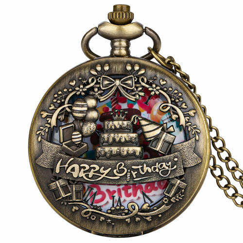 Cake Roman Numerals Dial Pendant Pocket Watch Hollow Happy Birthday ...