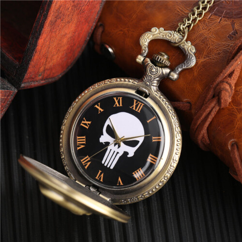 Vintage Pocket Watch Engraved 3D Skull Head Roman Number Display Quartz ...