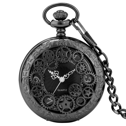 Silver Gear Hollow Quartz Pocket Watch Chain Fob Watch Arabic Numerals ...