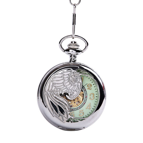 Large silver thick chain half face carved phoenix pattern mechanical ...