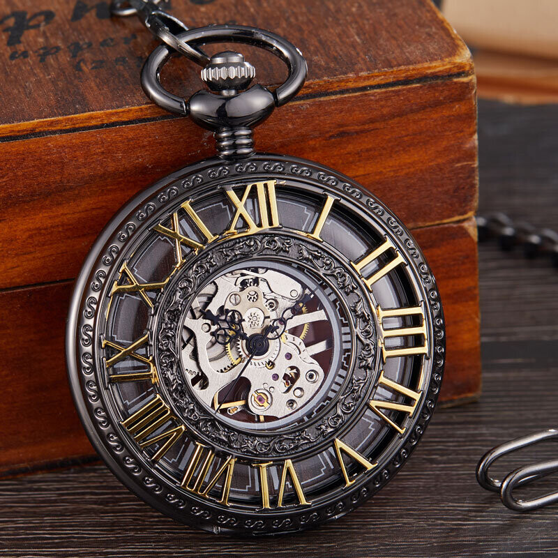 Retro Carved Mechanical Pocket Watch & FOB Chain Hollow Roman Numerals ...