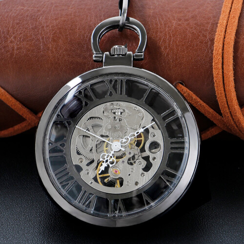 Classic grey hand winding all-steel pocket watch unique skeleton ...