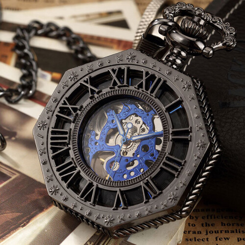 Classic Hexagonal Mechanical Pocket Watch FOB Chain Steampunk Roman ...