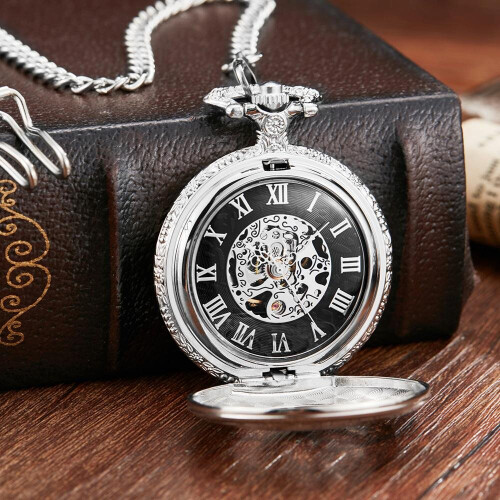 Retro Silver Hollow Mechanical Pocket Watch Men Chains Roman Dial ...