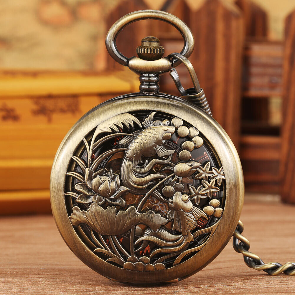 Hollow Out Fish Manual Mechanical Bronze Pocket Watch Women Rose Golden ...