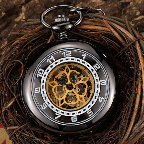 Mechanical Pocket Watch Antique Skeleton Dial Fob Chain Flower Hollow ...
