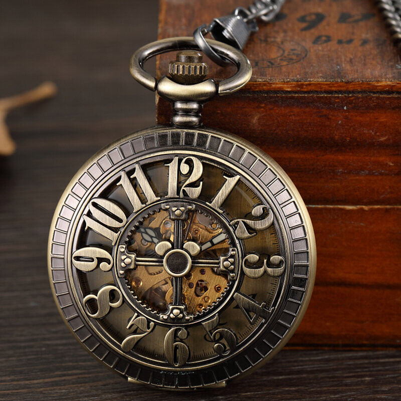 Big Number Mechanical Pocket Watch Antique Skeleton Dial Fob Chain ...