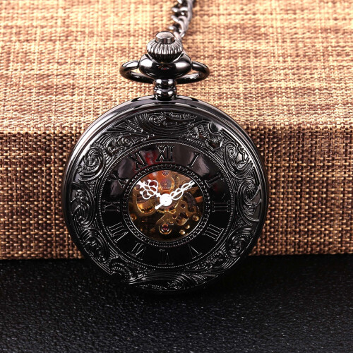 8919Black carved Roman scale retro large mechanical pocket watch ...