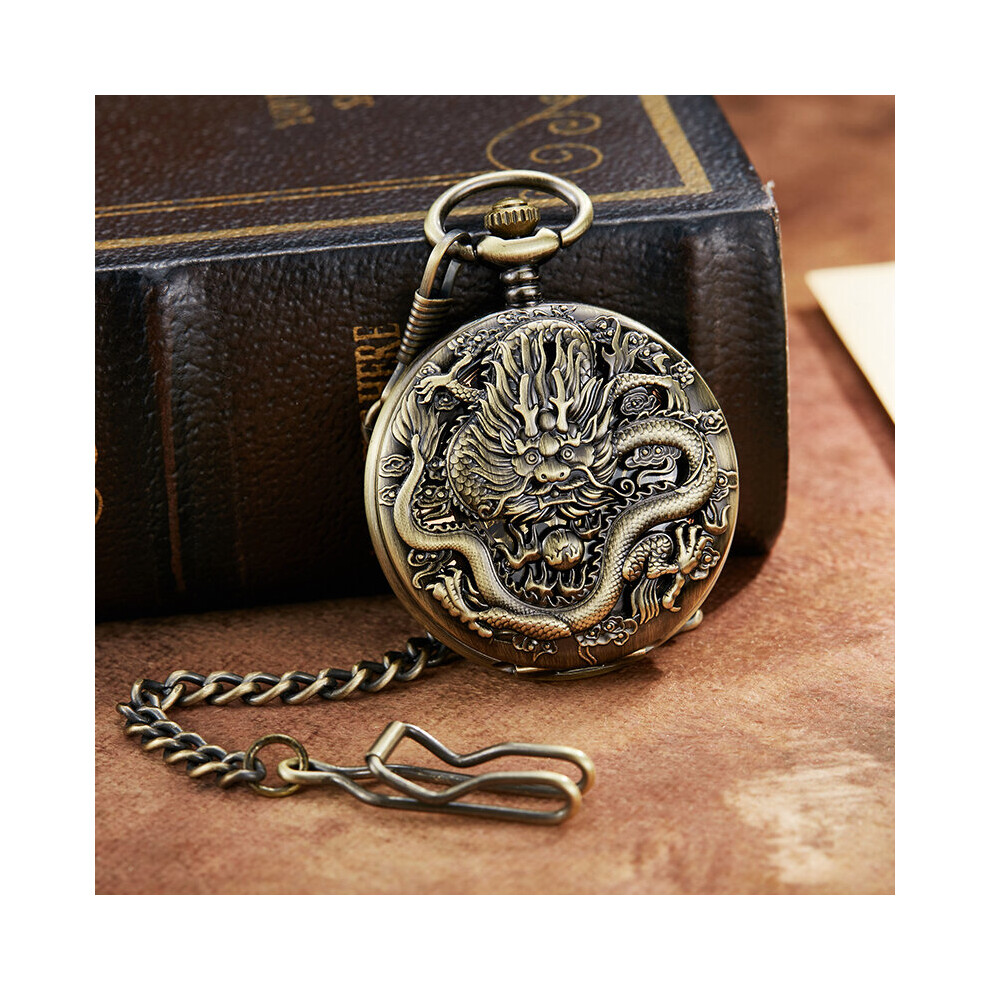 Roman Numeral Antique Mechanical Pocket Watch Old Dragon Steampunk Dual ...