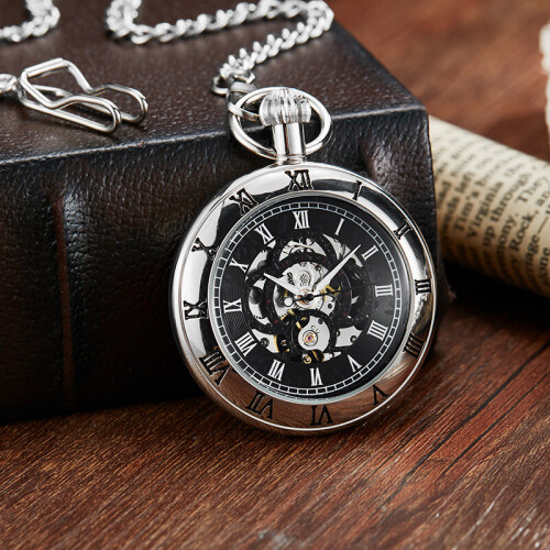 Roman Numeral Carving Mechanical Pocket Watch Sliver Engrave Skeleton ...