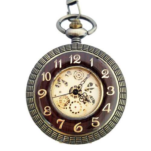High Wood Case Style Mechanical Pocket Watch Antique Skeleton Dial Fob ...