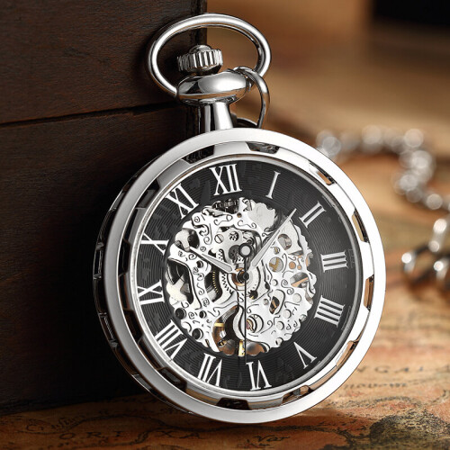 Old Mechanical Pocket Watch with Roman Numerals Number Skeleton Dial ...