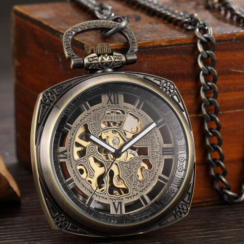 Mechanical Pocket Watch Antique Skeleton Bronze Fob Chain Square Case ...