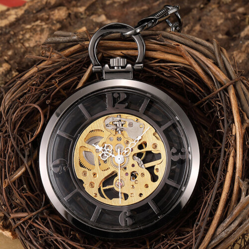 Mechanical Pocket Watch Antique Skeleton Dial Fob Chain Transparent ...