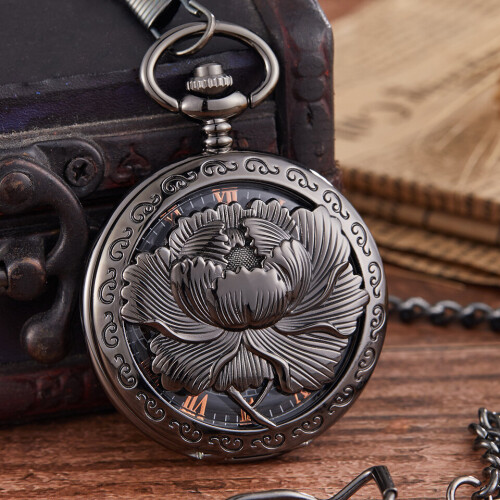 Hollow Flower Engrave Mechanical Pocket Watch Flip Case Fob Chain Clock ...