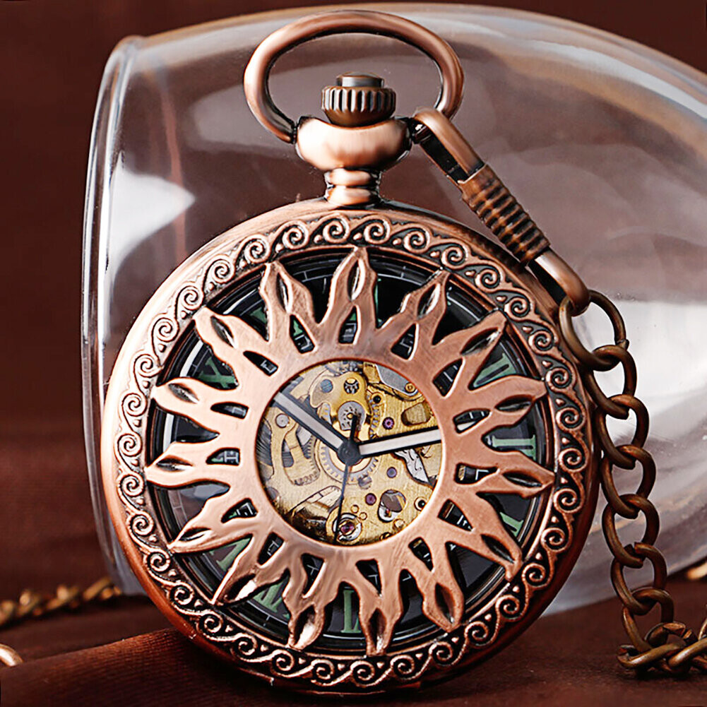 Retro Rose Copper Self Winding Pocket Watches Automatic Mechanical ...
