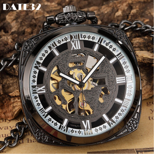 Mechanical Pocket Watch Roman Numerals Skeleton Fob Chain Square Case ...