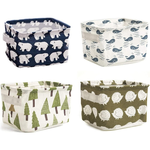 4 Pack Small Storage Baskets, Collapsible Mini Square Linen Fabric ...