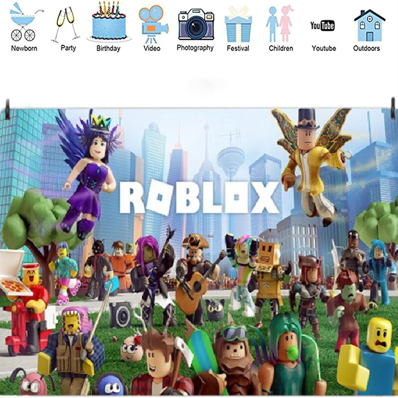 Cartoon Roblox Photographic Background Cloth Kid Birthday Party Banner ...