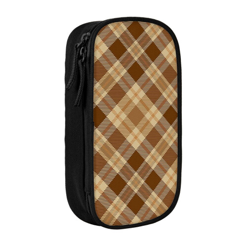Pencil Case Plaid Brown Pattern Pen Holder Box Pouch Bag with Double ...