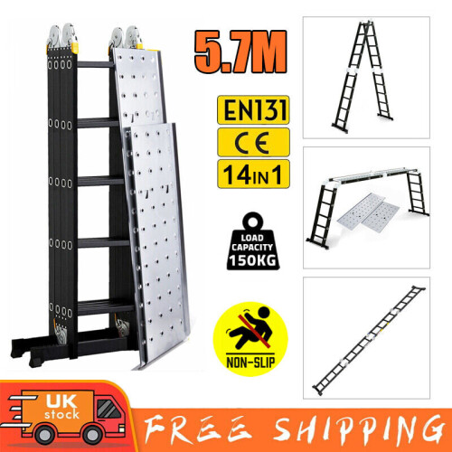 5.7M Heavy Duty Folding Ladder Aluminium Multi-Purpose Extendable w ...