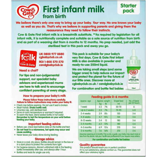 Cow & Gate 1 First Baby Milk Formula, Starter Pack From Birth, 6x70ml ...