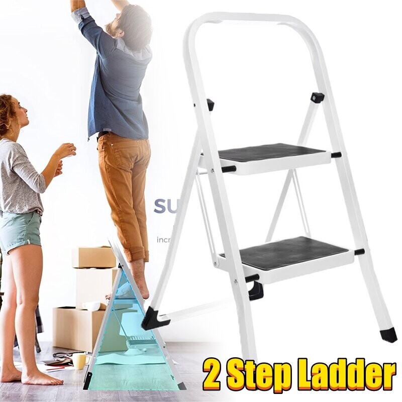 Foldable 2 Step Ladder Heavy Duty Steel Portable Stool Non Slip Tread ...