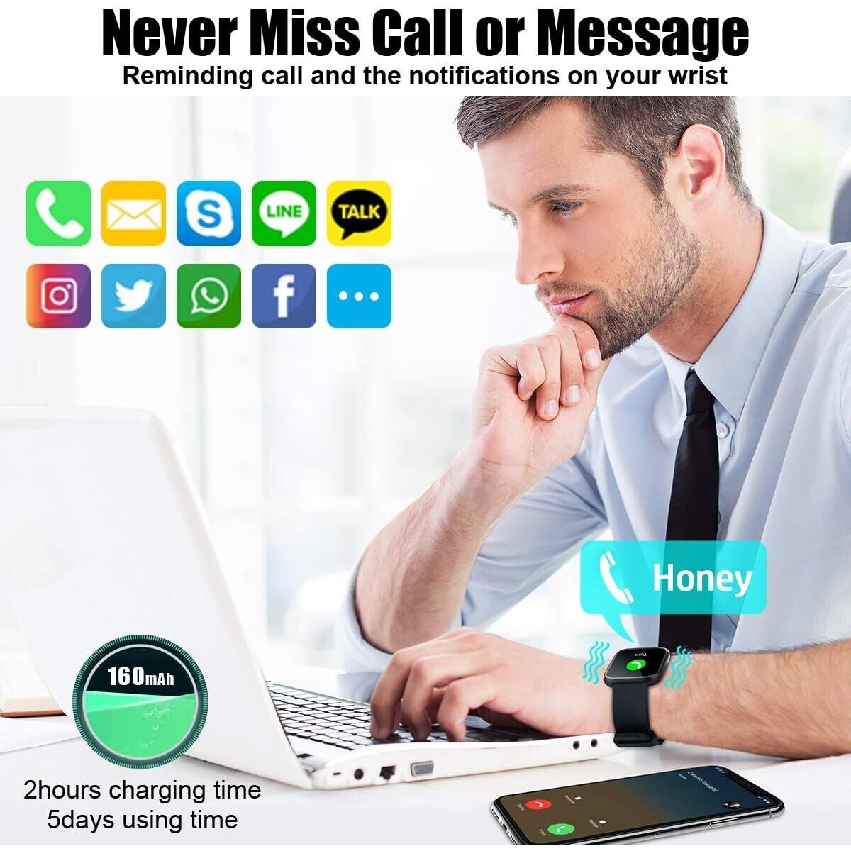 Smart Watch, Bluetooth Smartwatch compatible with Android iOS Phones ...