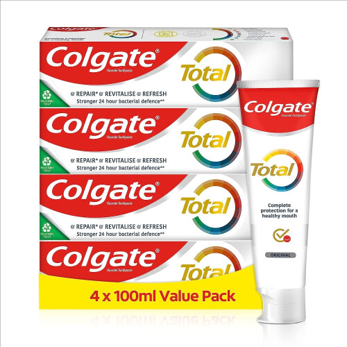 COLGATE Total Original Toothpaste (4 x 100 ml), 24 Hour Antibacterial ...