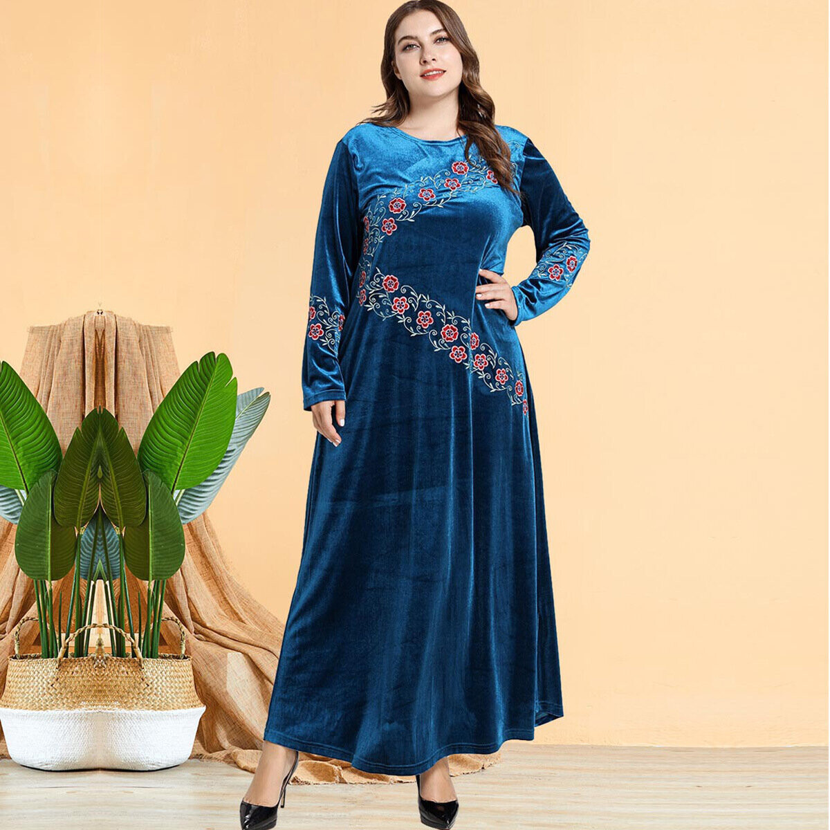 Embroidery Muslim Dress Women Ramadan Turkey Dubai Long Robe Big Swing Velvet Islamic Clothing ...