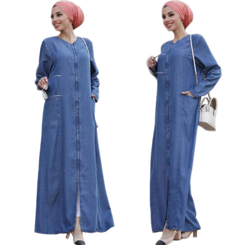 Middle East Women Denim Maxi Dress Zipper Patchwork Muslim Arabic Abaya ...