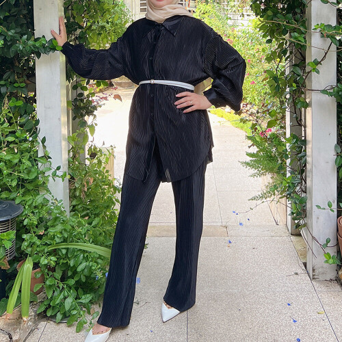 Muslim Suit Middle East Dubai Turkey Solid Pleated Long-sleeved ...