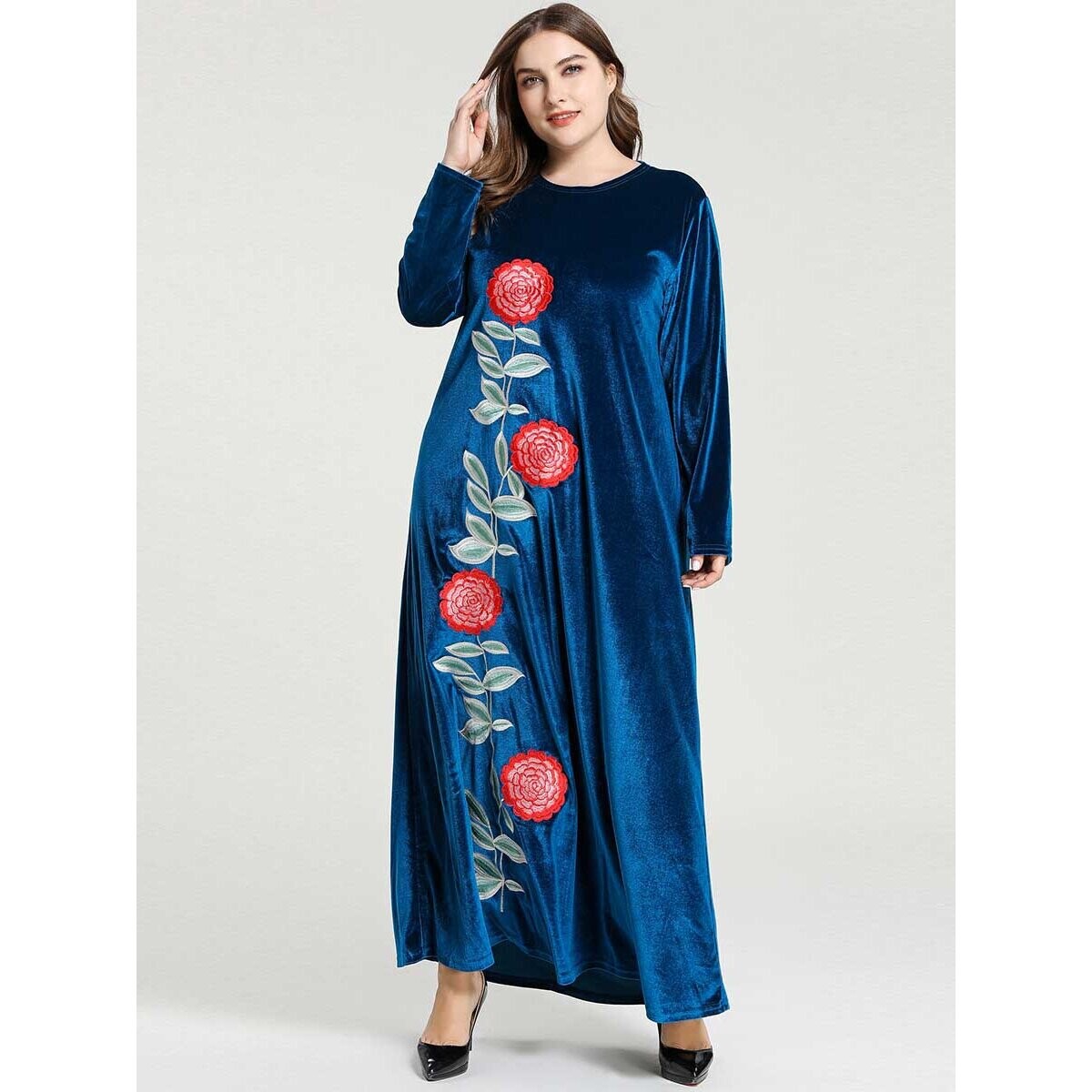 Flower Embroidery Muslim Dress Women Big Swing Velvet Turkey Long Robe 4XL Ramadan Islamic ...