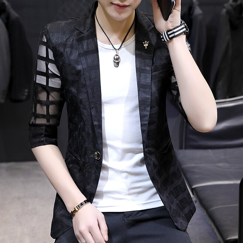 Blazer Masculino Lattice Slim Fit Thin Suit Jacket Men Prom Blazers For ...