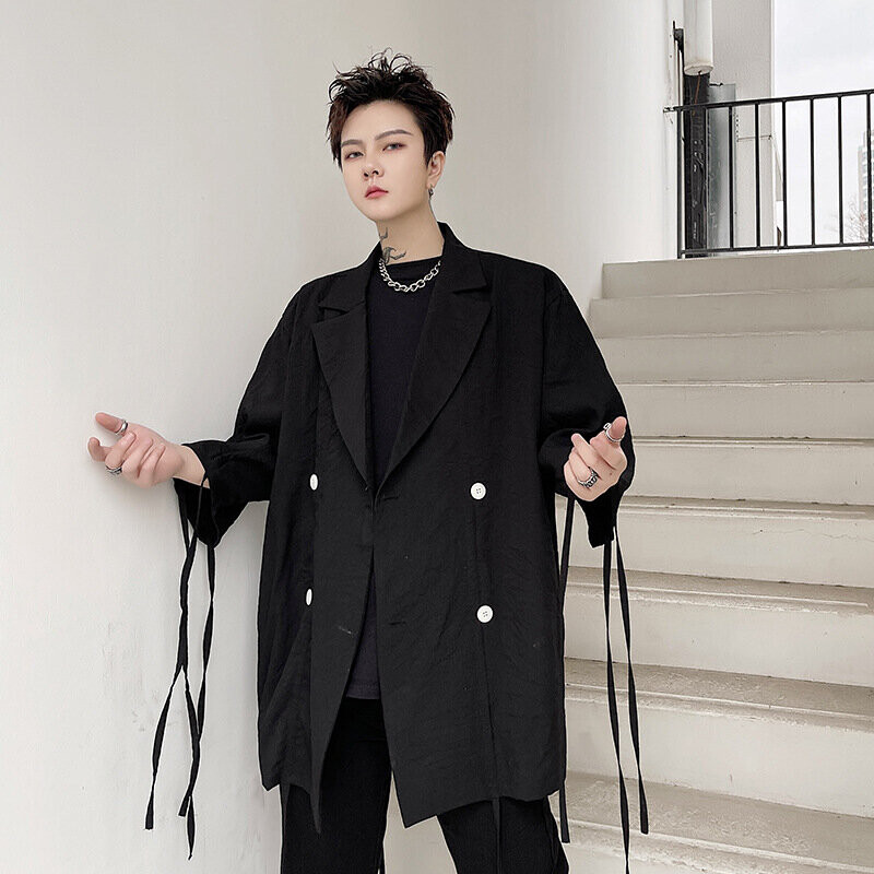 Spring Summer Double Breasted Blazer Men Casual Pleated Suit Jackets ...