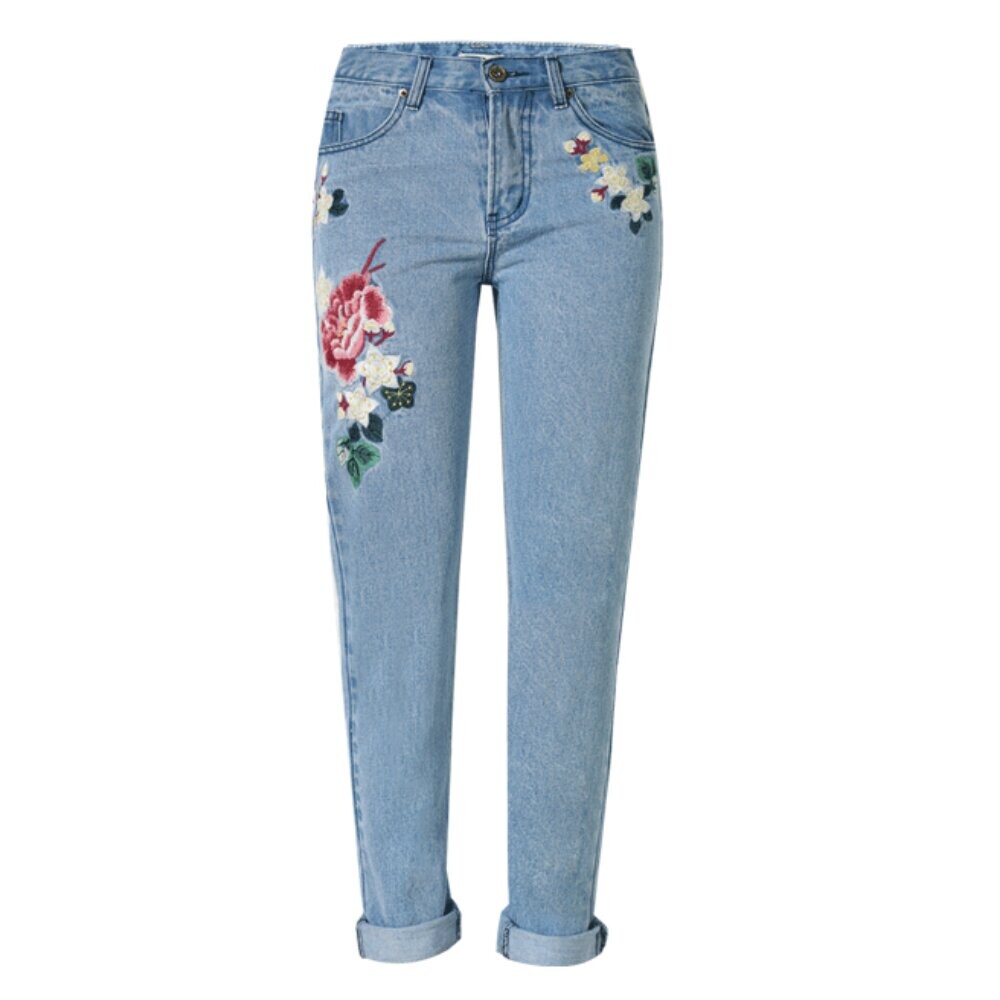 Female Embroidered Roses Jeans Street Wear Straight Loose Denim Clothes ...