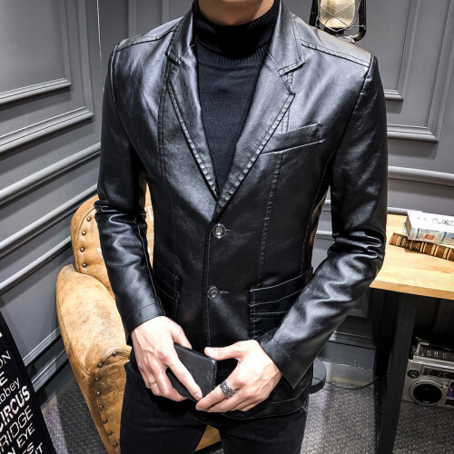 Autumn Mens Leather Suit Casual Coat Business Slim Lapel Leather Suit ...