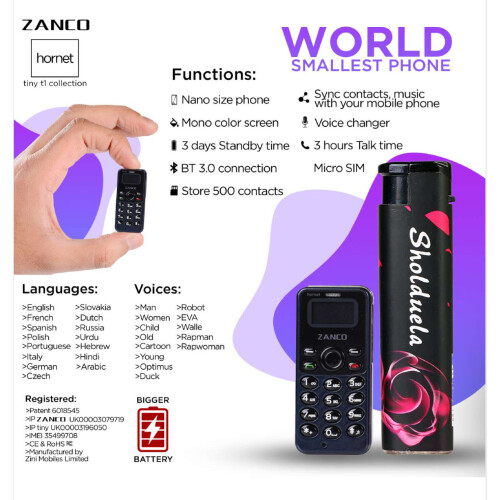 ZANCO Small Smartest Mobile T1 Collection VoiceChanger Unlocked Hornet ...