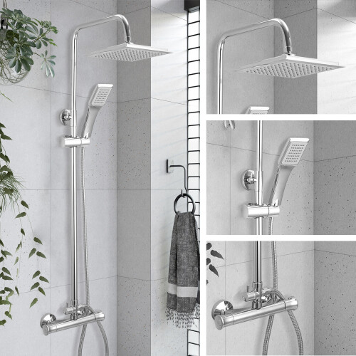 Bathroom Thermostatic Exposed Shower Mixer Head Square Bar Set Chrome