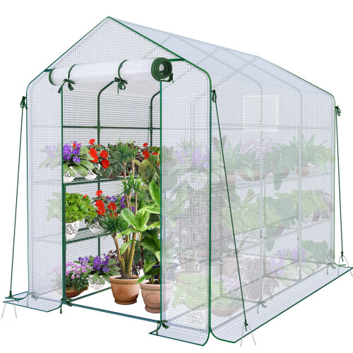 VOUNOT Walk In Greenhouse with Shelves, Roll up Zip Panel Door Garden ...