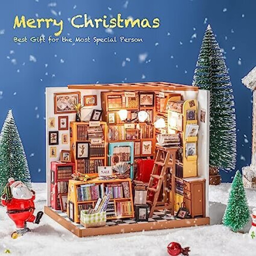ROBOTIME DIY Dolls House Kit Wooden Library Model Kits Building, Book ...