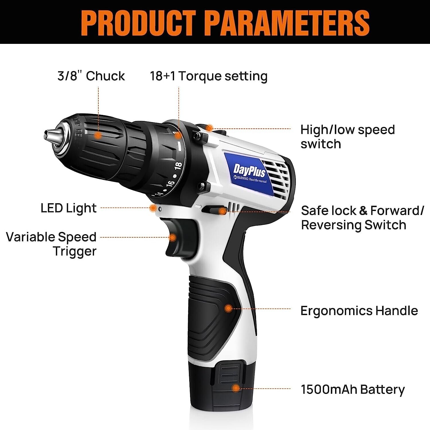 Cordless Drill 45Nm Electric Drill 2 Variable Speed Electric Drill 18+1 ...