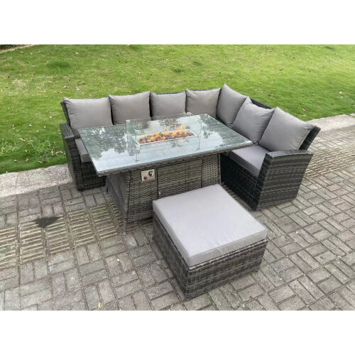 Fimous 7 Seater Outdoor High Back Rattan Gas Fire Pit Corner Sofa ...